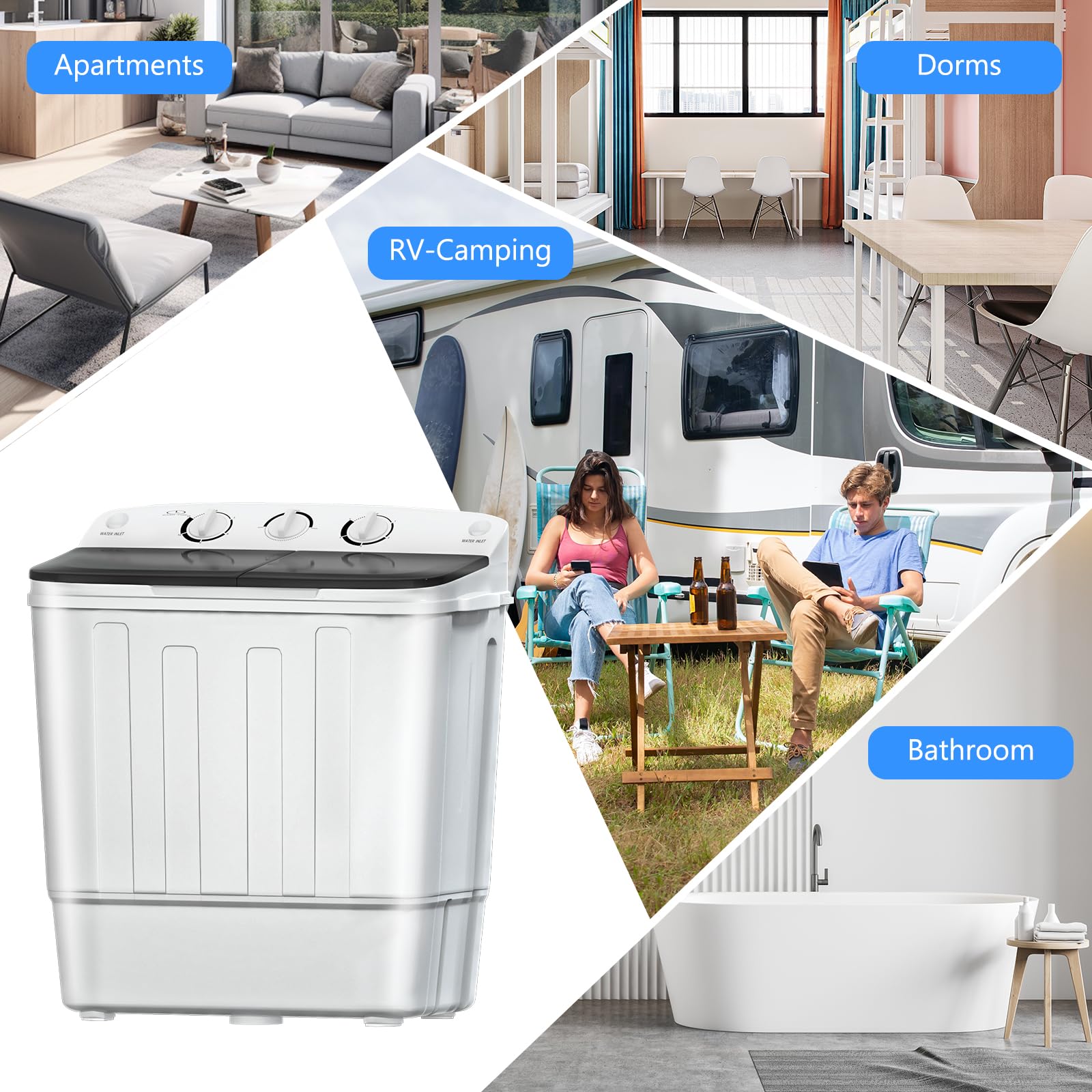 DOGHLY Compact Semi-Automatic Twin Tub Washer, 18lbs Capacity with 11lbs Washer and 7lbs Spinner, Ideal for Camping, Apartments, Dorms, College, RVs, and Small Spaces