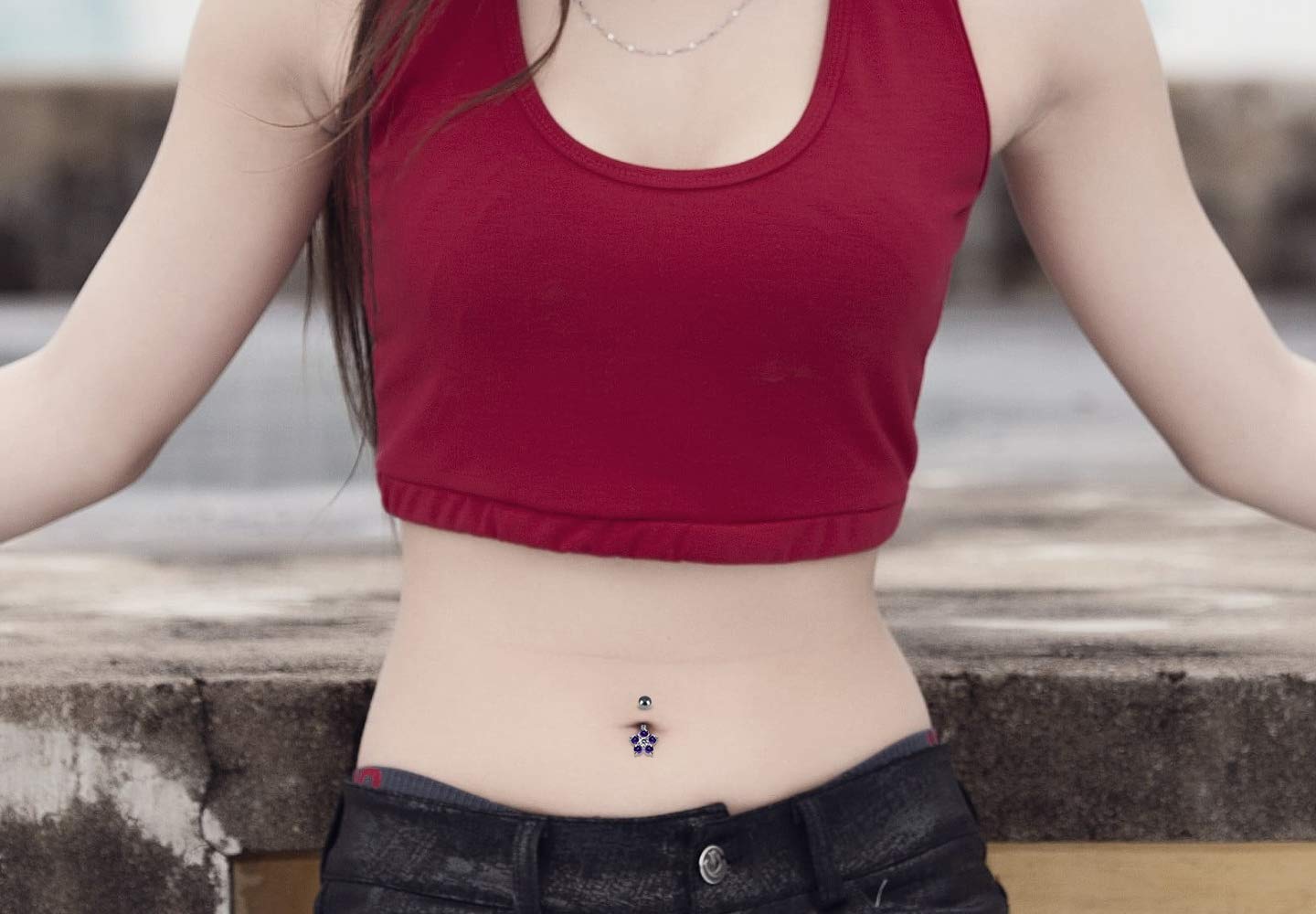 Black CZ Crystal Gemstone Stylish Studded Flower 925 Sterling Silver Belly Ring Body Jewelry