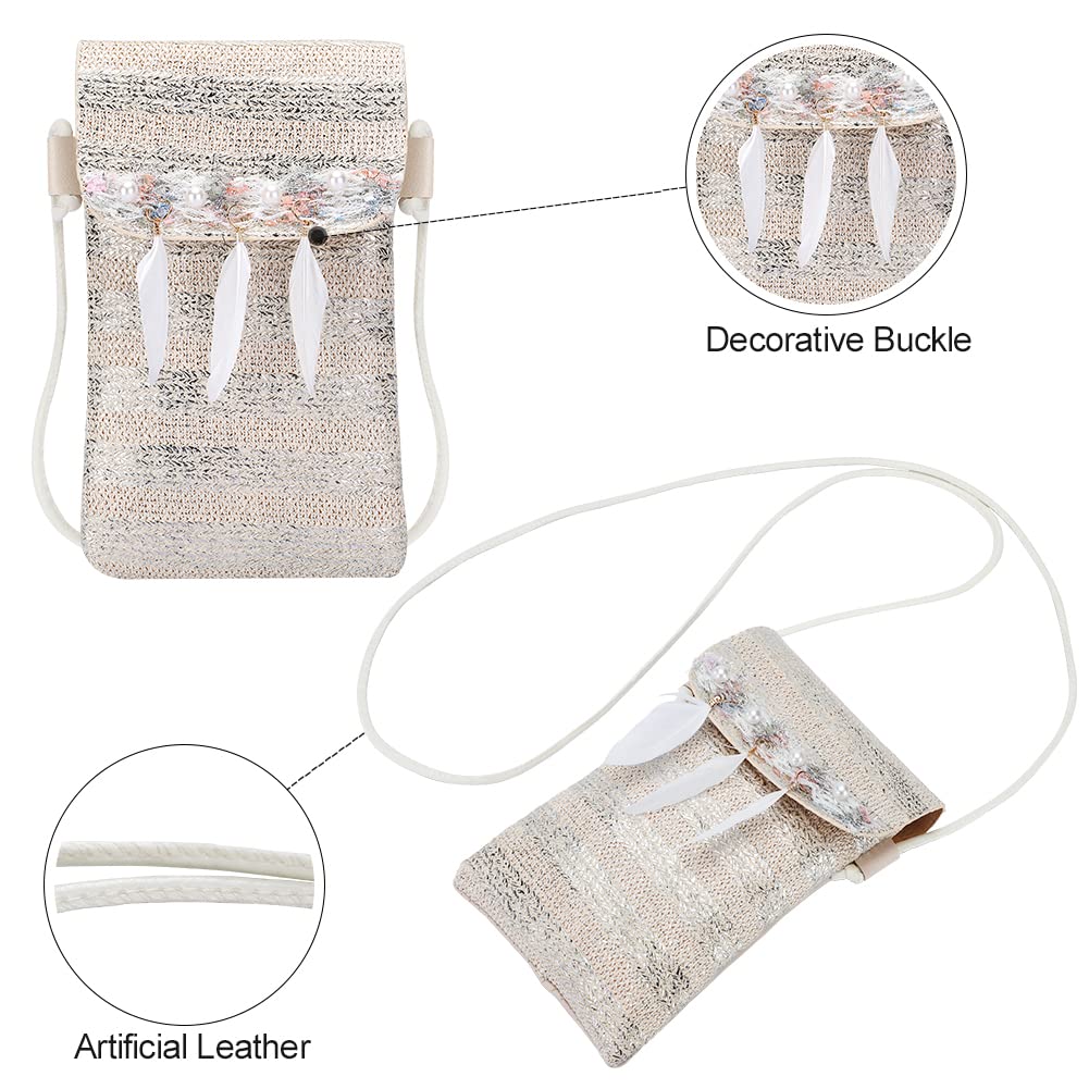 Soleebee Boho One Shoulder Crossbody Phone Bag Small Shoulder Bag Mini Wallet for Women Storage Bag Woven Leather Trim Phone Bag Compatible with Multiple Phone Sizes, Feather