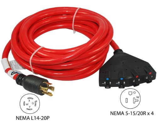 Conntek 20501 Generator Power Cord 25-Foot 20 Amp 125/250 Volt 4 Prong Male Plug To 15/20 Amp Female Connector