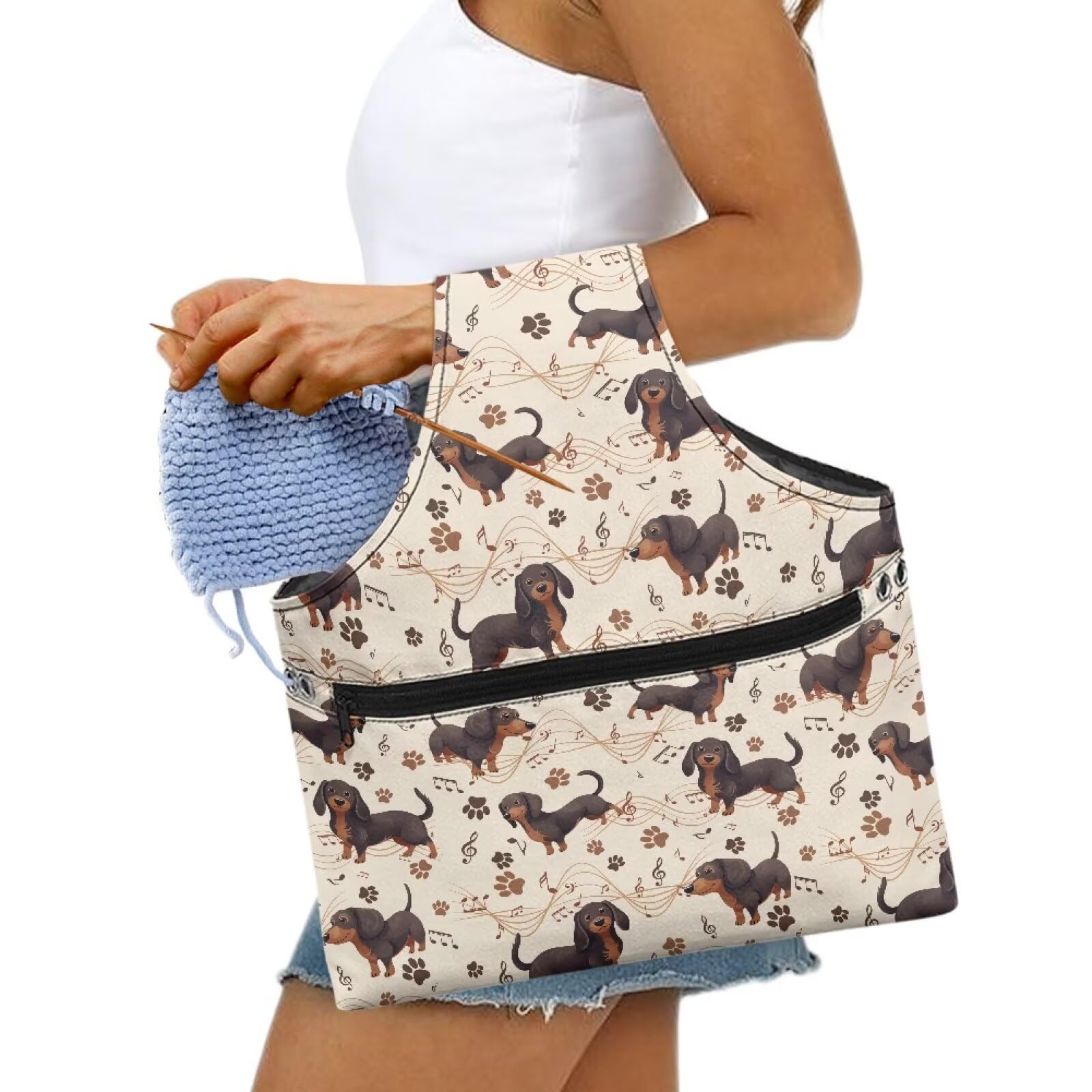 doginthehole Cute Dachshund Yarn Bag Knitting Bag Storage for Crocheting Accessories, Kawaii Dog Knitting Bag Crochet Hook Case Organizer Crochet Bag Kit for Beginners, Large Size
