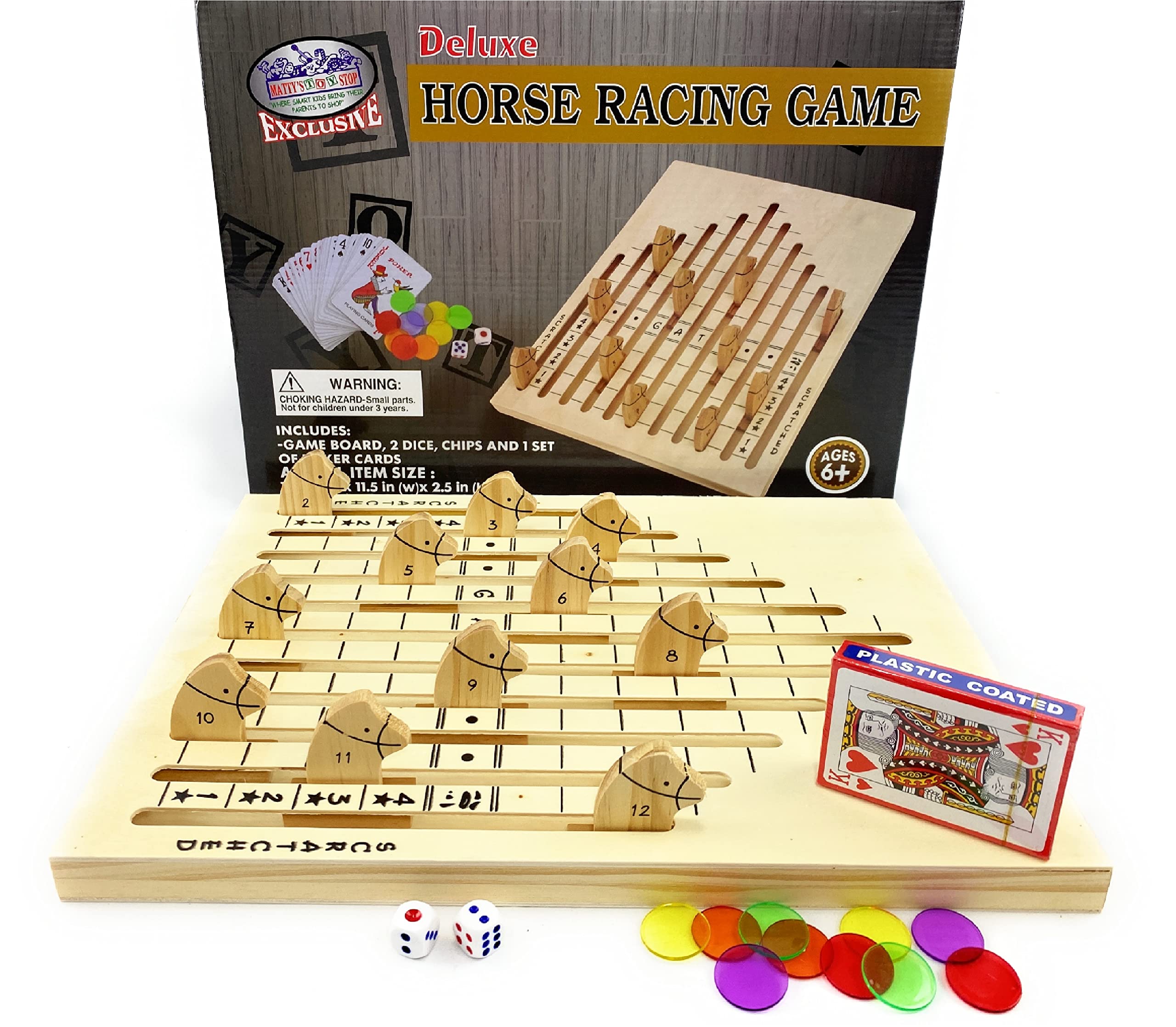 Matty's Toy Stop Deluxe Wooden Horse Racing Derby Game with Dice, Playing Cards & Chips
