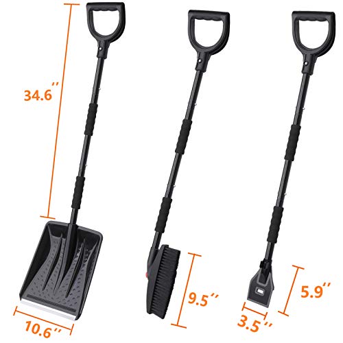 Elefama 3-in-1 Snow Shovel Kit for Car Emergency Driveway Snow Removal with Ice Scraper and Snow Brush Window Windshield Portable Collapsible Snow Shovel for Backyard Trucks SUV Deck Stairs