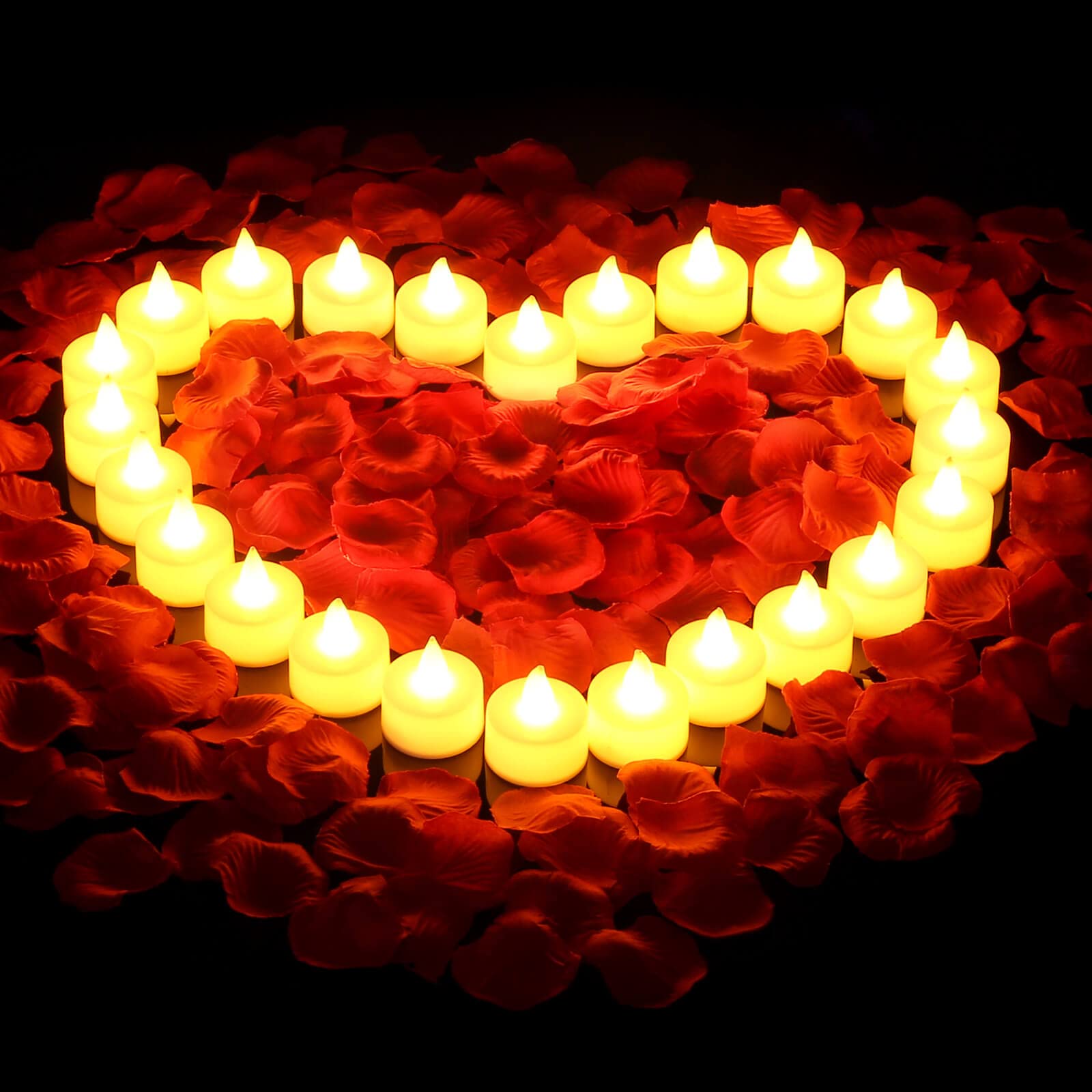 cridoz Romantic Decorations Special Night Set, 24 Pieces LED Tea Lights Candles and 2000 Pieces Artificial Rose Petals for Romantic Night, Valentine's Day, Wedding Anniversary or Table Décor