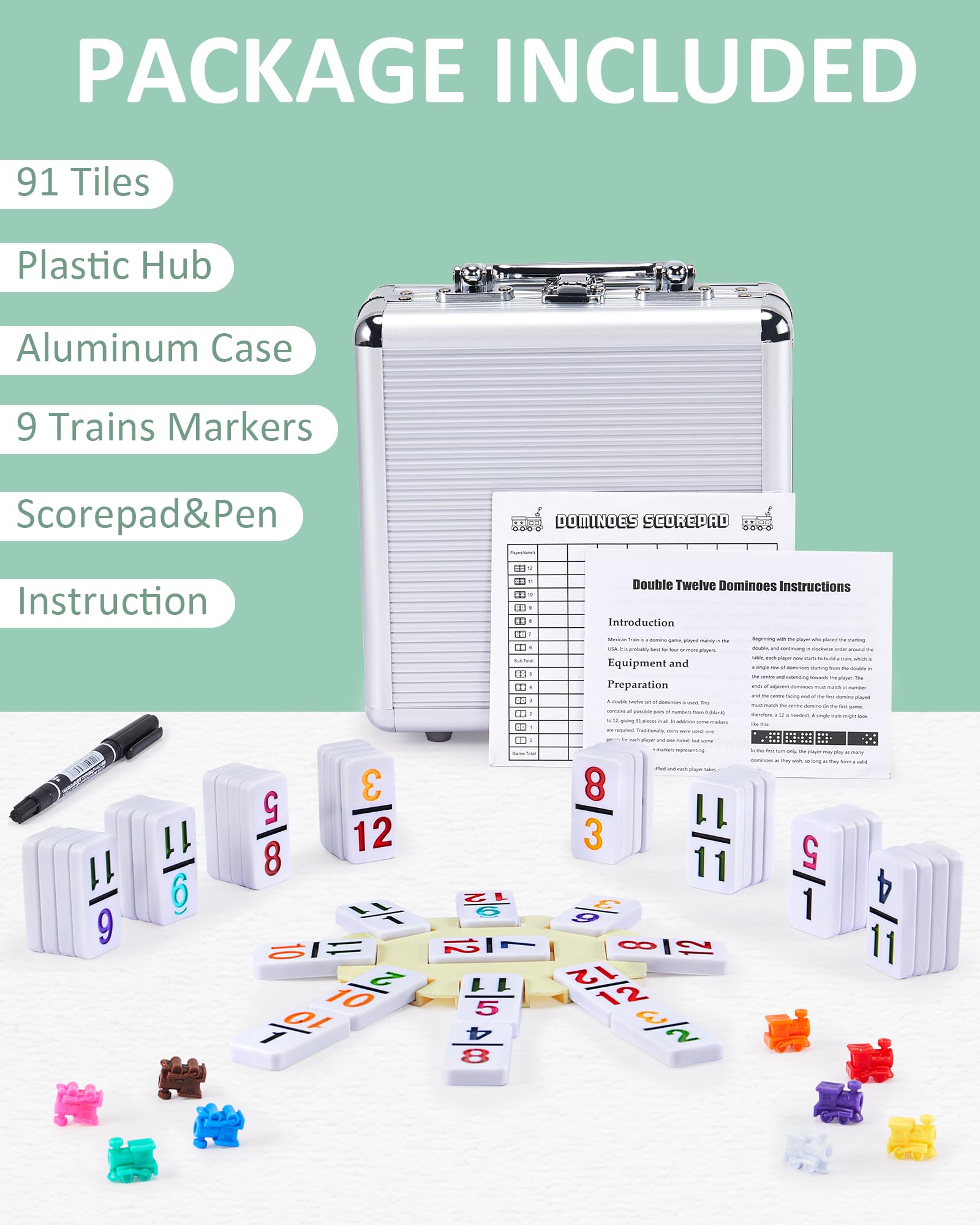 KAILE Mexican Train Dominoes Set with Numbers, 91 Tiles Double 12 Colored Dominoes Game Set with Aluminum Case for Families Kids 2-4 Players