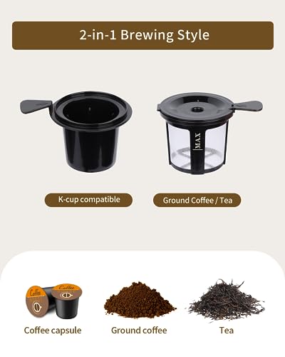 Teglu Upgraded Single Serve Coffee Maker 2 in 1 for K Cup Pods & Ground Coffee, Mini K Cup Coffee Machine 6-14 oz, One Cup Coffee Brewer with One-Bouton Fast Brewing, Reusable Filter, Slim Version