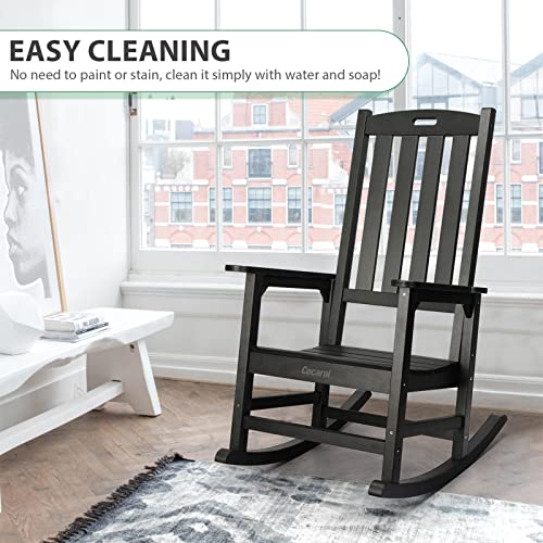 Cecarol Patio Oversized Rocking Chair Outdoor, Weather Resistant, Low Maintenance, High Back Front Porch Rocker Chairs 385lbs Support Poly Lumber Rocker, Wood-Like Plastic Chair, Black-PRC01