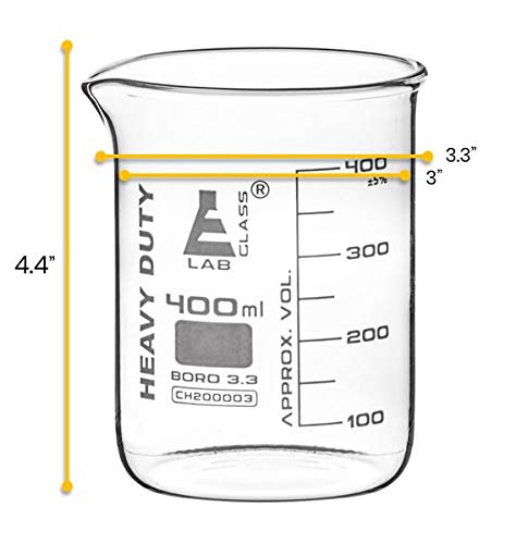 EISCO 6PK Heavy Duty Beakers, 400ml - 5mm Thick, Uniform Walls - Superior Durability & Chemical Resistance - White Graduations - Borosilicate 3.3 Glass