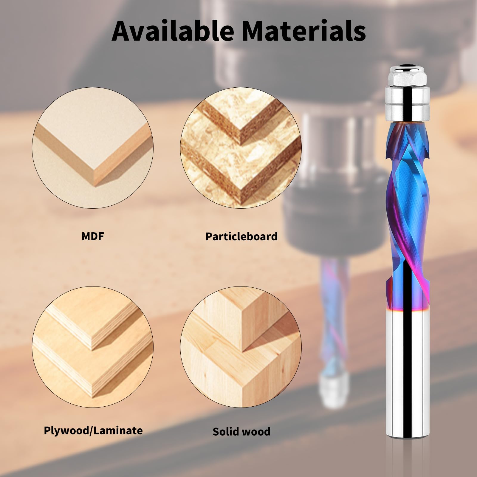 EANOSIC Spiral Compression Flush Trim Router Bit 1/2 Inch Shank, 1-1/2 Inch Cutting Length, Extra Long 4 Inch, Solid Carbide UP/Down Cut Spiral Router Bits with Bottom Bearing for Wood Trimming (Blue