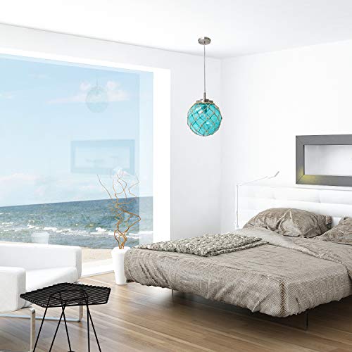 Elegant Designs PT1003-AQU Buoy Netted Brushed Nickel Coastal Ocean Sea Glass Pendant with Natural Rope, Aqua