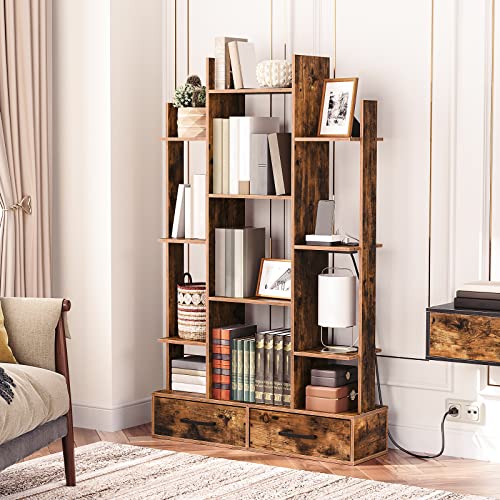 HOOBRO Bookshelf, Bookcase with Charging Station and 2 Drawers Storage, Rustic Tree Shaped Wooden Bookshelves with 12 Storage Shelves, for Bedroom, Home Office, Living Room BF140USJ01