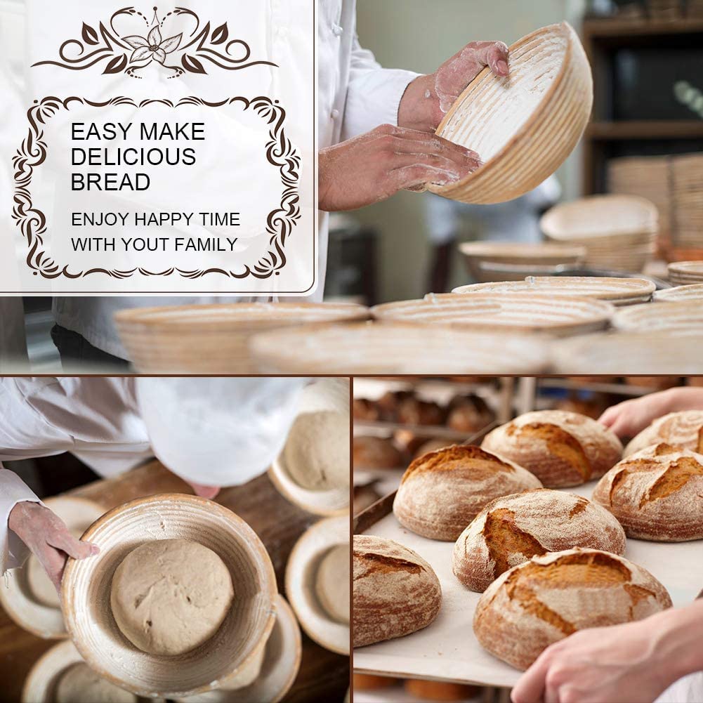 Bread Proofing Basket Set 9.6 Inch Oval & 10 Inch Round Banneton Proofing Baskets Top Grade Rattan Bowl with Bread Lame Dough Scraper Proofing Cloth Liner for Home & Professional Bakers Set of 2
