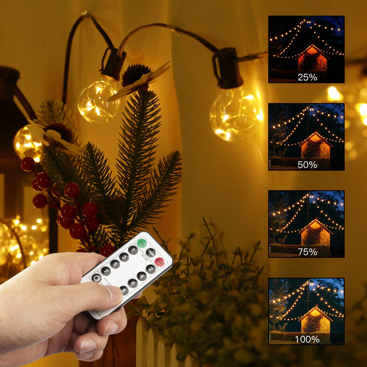 koopower G40 Outdoor String Lights 33.5Ft Globe Patio Lighting, 30 LED Bulbs 8 Mode Dimmable Waterproof Hanging Light with Remote Control for Patio Garden Backyard Balcony Party Home Christmas Decor