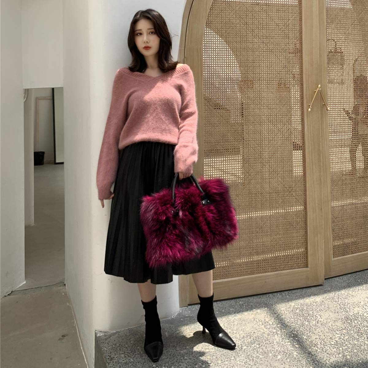 KAISHIN Women Full-pelt Fox Fur Shoulder Bags Ladies Genuine Cowhide Hard Handle Extra Large Handbags Rose