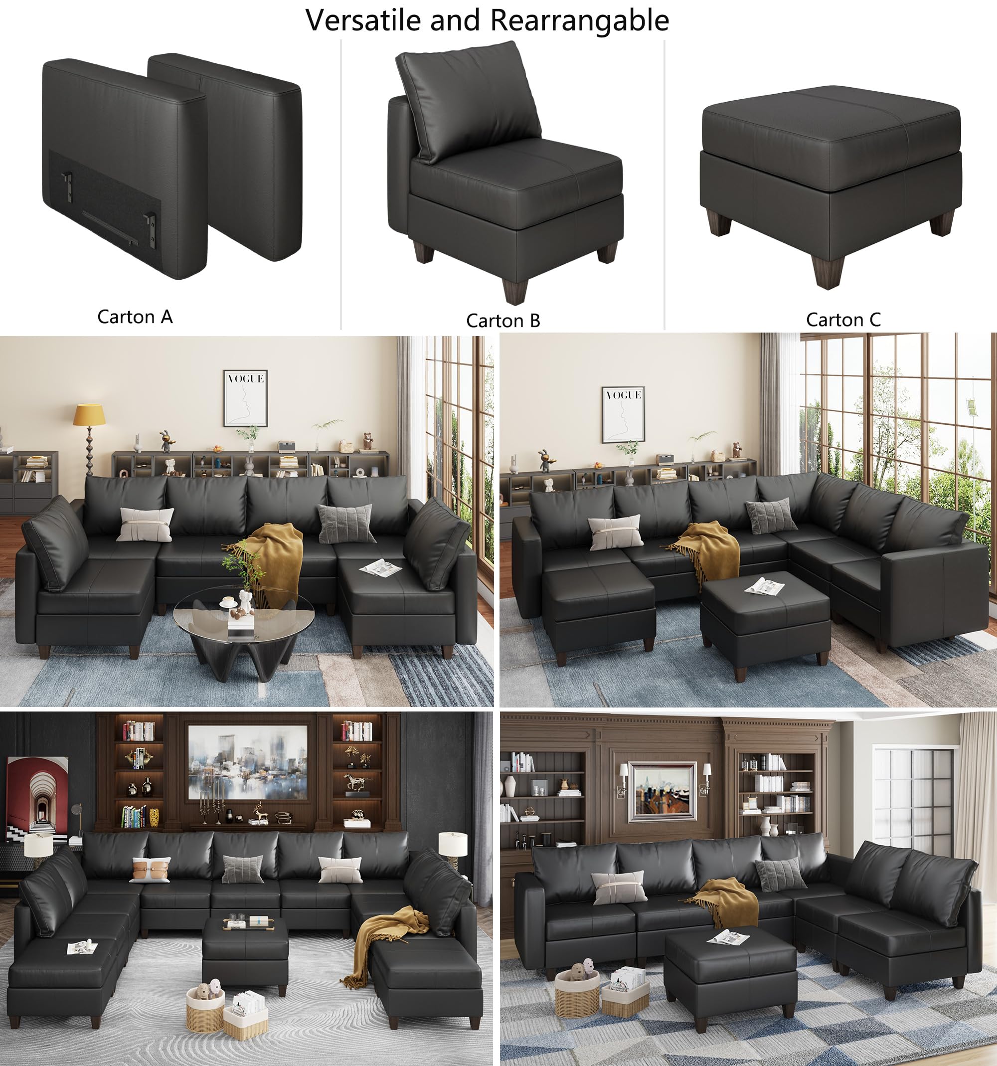 EASE MOOSE Modular Sectional Couch with Storage Seats, 4 Seat Faux Leather Convertible Modular Sofa Sectional Sofa Couch with Reversible Chaises for Small Spaces
