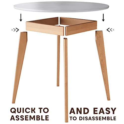 DAIVA CASA Orion Round Table for 3 Person - Birch Solid Wood Kitchen & Dining Room Furniture - Mid Century Modern Scandinavian Style β White Brown Table 35 inch