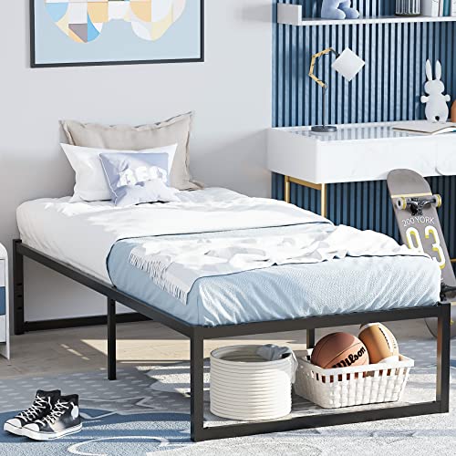 Elephance Twin Bed Frame with Storage Space 16 Inch Black Kids Student Bedframe No Box Spring Needed Metal Platform with Heavy Duty Steel Slat Support, Easy Assembly