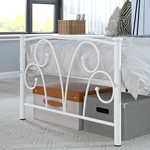 Elephance Twin Bed Frame with Headboard, Metal Platform Bed Frame with 12 Inch Storage Space No Box Spring Needed (White)