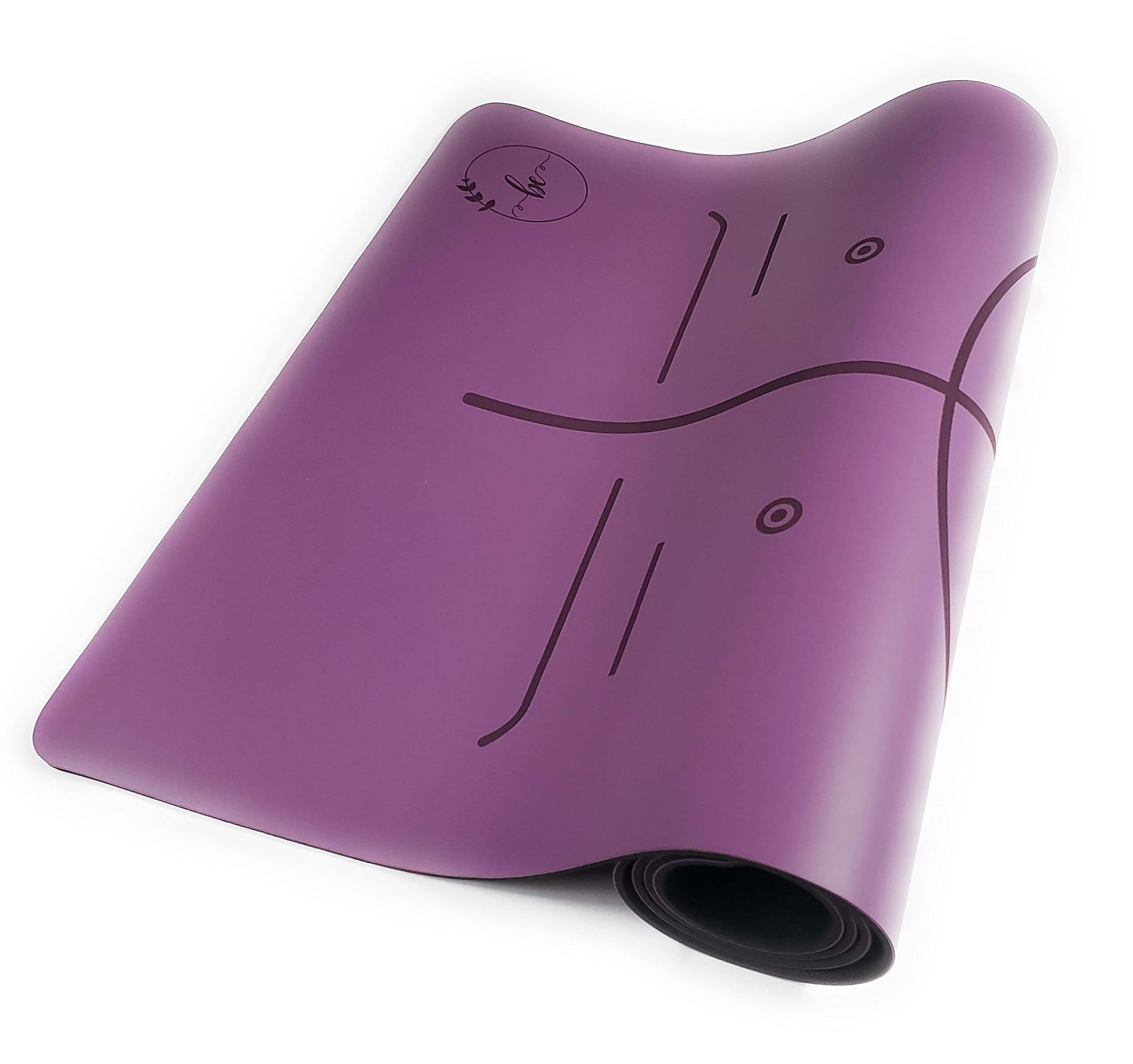 BE Yoga Mat 5mm Thick Premium Yoga Exercise Mat with Carry Strap, ARC Alignment Dry Grip Pro Technology Moisture Wicking 100% Polyurethane Leather Top and NonSlip Rubber Bottom for Hot Yoga,