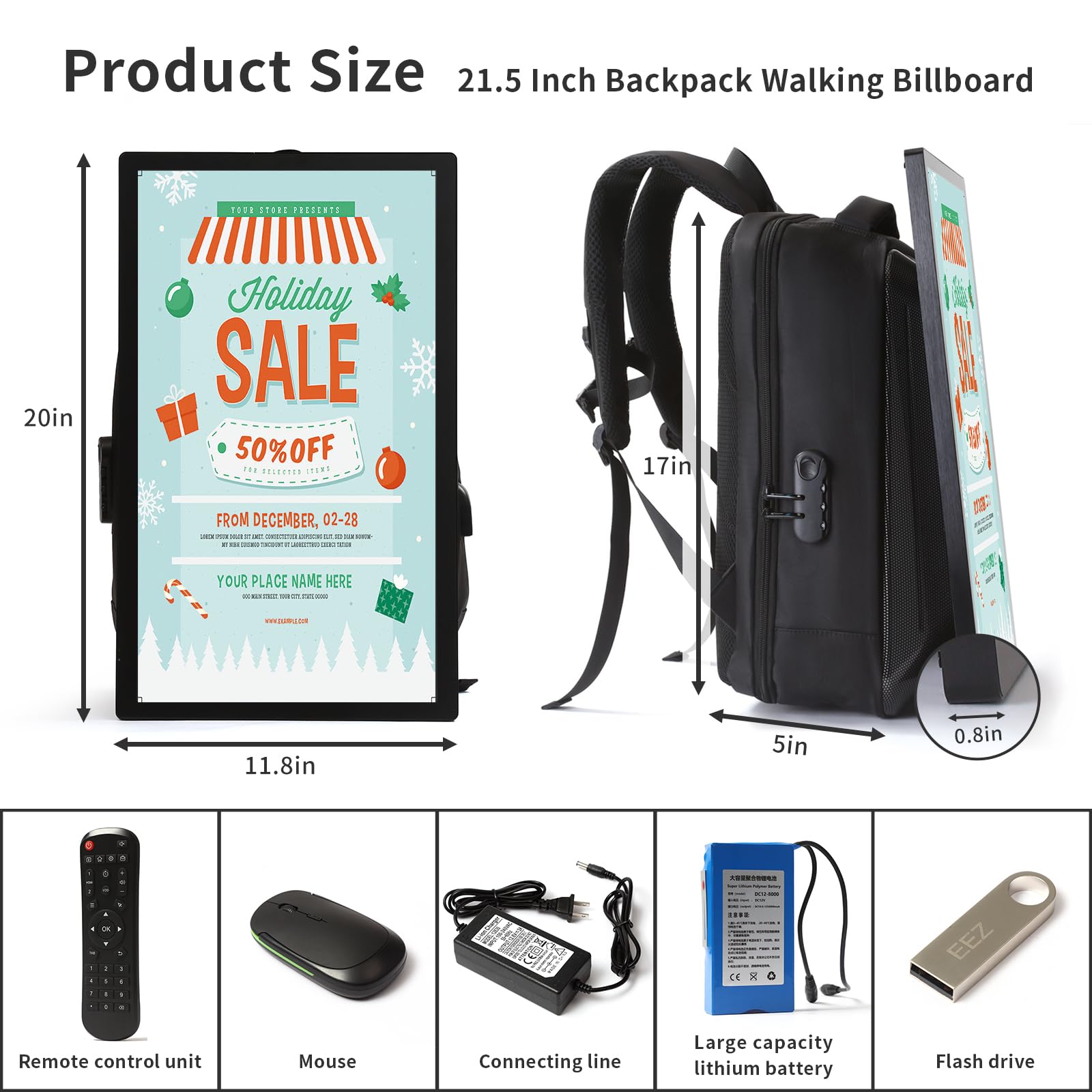 EEZ 21.5inch LCD Backpack for Video Advertising Player, Portable DIY Laptop Daypack Bag (Without Touch Screen)