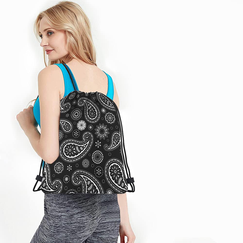 Beabes Paisley Pattern Drawstring Bags Backpack Bag Black White Floral Ethnic Asian Art Seamless Pattern Sport Gym Sack Drawstring Bag String Bag Yoga Bag for Men Women
