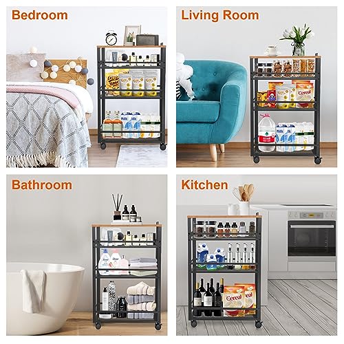 fusehome 2023 New, Slim Kitchen Storage Cart, 3-Tier Metal Rolling Utility Cart Mesh Basket, Multifunction Wire Basket Shelf Trolley for Home Laundry, Bathroom, Living Room, Black