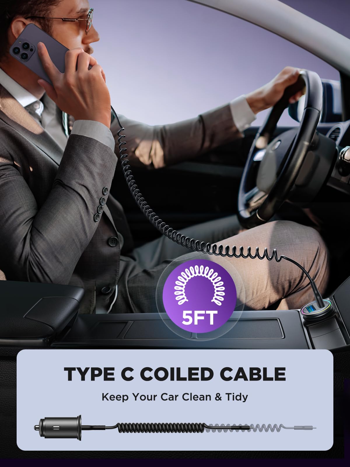 Car Charger,JOYROOM 4.8A Car Phone Charger All Metal, Mini Cigarette Lighter USB Charger with Type C Coiled Cable for iPhone 15 Pro, Dual USB Car Charger Adapter Fast Charge for iPhone/Samsung/Android
