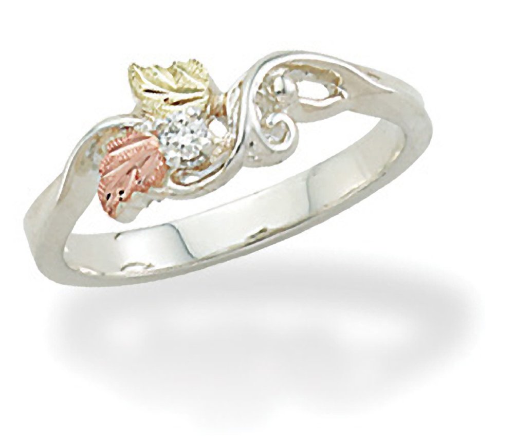 Black Hills Gold Ladies Diamond (.05 tw) Ring in 925 Sterling Silver and 12k Gold Leaves - Size 10