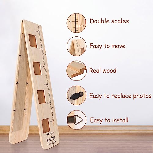 Solid Wood Growth Chart for Kids with Picture Frames, Height Measurement Ruler Milestone Markers, Foldable Kids Height Wall Chart, Birthday Keepsake Gift for Toddlers Boys Girls Room Wall Decor