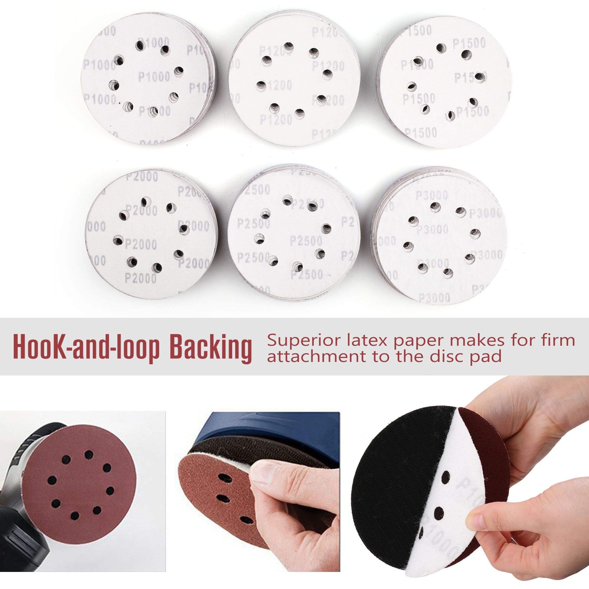 LotFancy 5 Inch 8 Hole Sanding Disc, 60PCS 40 60 80 100 180 240 Grit Assorted Sandpaper, Random Orbital Sander Pad, Hook and Loop Sand Paper
