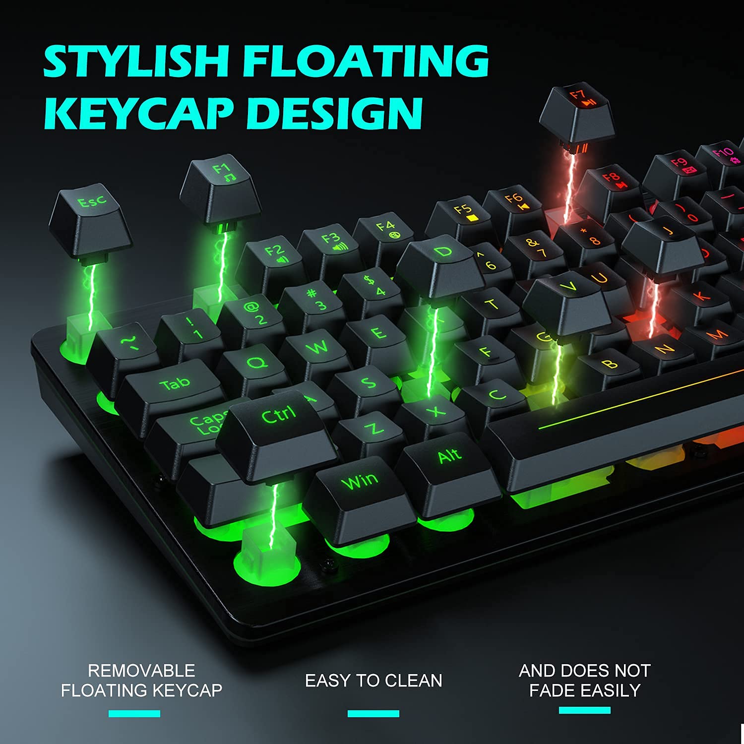 TNBIU Gaming Keyboard, 105-Key Wired Membrane Keyboard, Rainbow LED Backlit Keyboard, Floating Keycap Design, Aluminum Alloy Panel, Stylish Appearance Design, Suitable for Desktop, Computer, PC