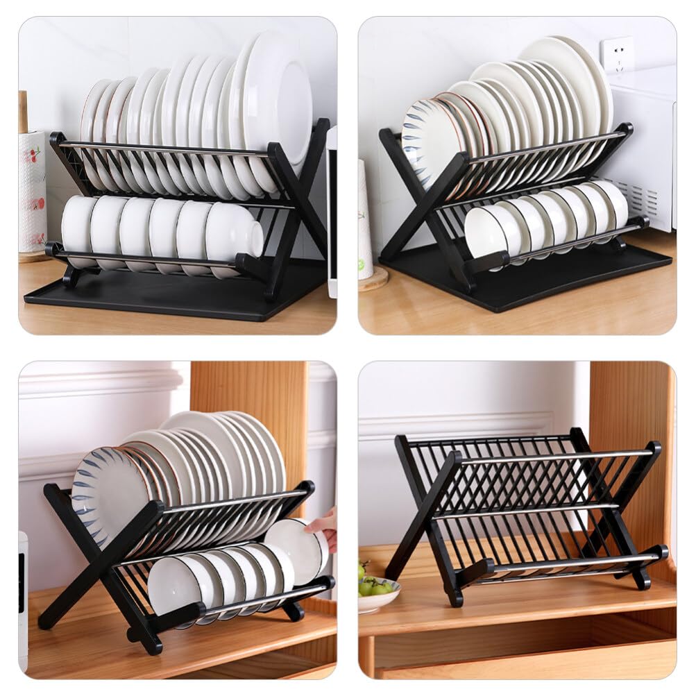 DOITOOL Stainless Steel Dish Drying Rack for Kitchen Counter: 2-Tier Dish Drainer Kitchen Plate Rack with Drainboard - Foldable and Compact for Space-Saving Storage, Black