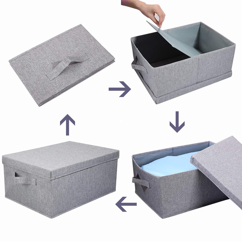HOONEX Linen Foldable Storage Bins with Lids, 2 Pack, Storage Boxes with Carrying Handles and Study Heavy Cardboard, 16.5" L x 11.8" W x 7.5" H for Toy, Shoes, Books, Clothes, Nursery, Light Grey