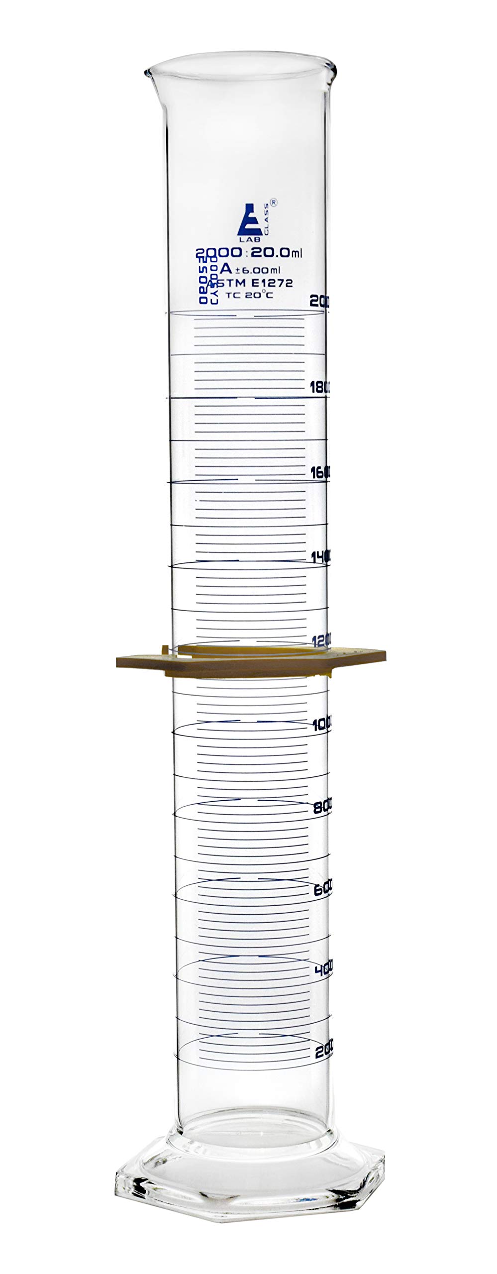 EISCO Graduated Cylinder, 2000mL - ASTM, Class A Tolerance ±6.00mL - Protective Collar, Hexagonal Base - Blue Graduations - Borosilicate 3.3 Glass