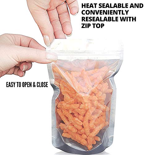 Stand Up Pouch Bags, 6" x 9", Heavy Duty, 100 Pack, Clear Front with Aluminum Foil Back - Resealable Ziplock and Heat Sealable for Food Storage
