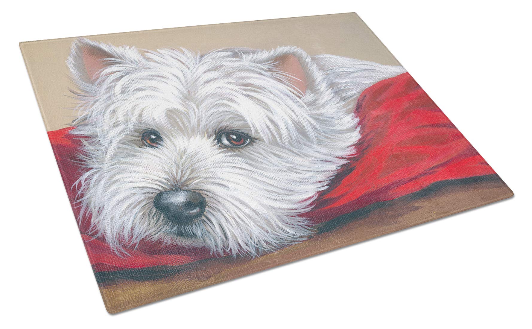 Caroline's Treasures PPP3284LCB Westie Red Pillow Glass Cutting Board Large Decorative Tempered Glass Kitchen Cutting and Serving Board Large Size Chopping Board