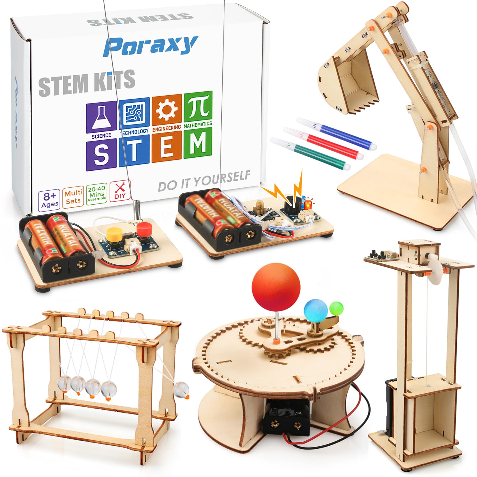 Poraxy 5 Set STEM Science Kits for Kids Age 8-12, Wooden Building STEM Projects 8-10, 3D Puzzles, Experiment Circuits Model, Toys for Ages 8-13, Gifts for Boys and Girls 6 7 8 9 10 11 12 13 Years Old