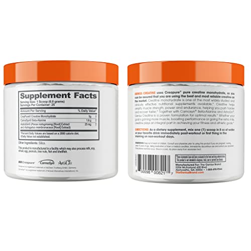 Genius Micronized Creatine Monohydrate Powder, Post Workout Supplement, Unflavored - 100% Naturally Flavored & Sweetened - Supports Muscle Building, Cellular Energy & Cognitive Function – 170g