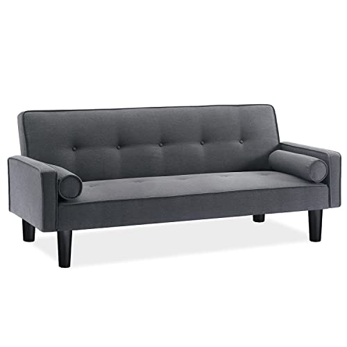Hooseng Modern Futon Sofa Bed, Upholstered Convertible Folding Sofa Couch with 2 Bolster Pillows, Button Tufted Fabric Couch for Small Spaces, Living Room, Lounge, Apartment, Office, Blue