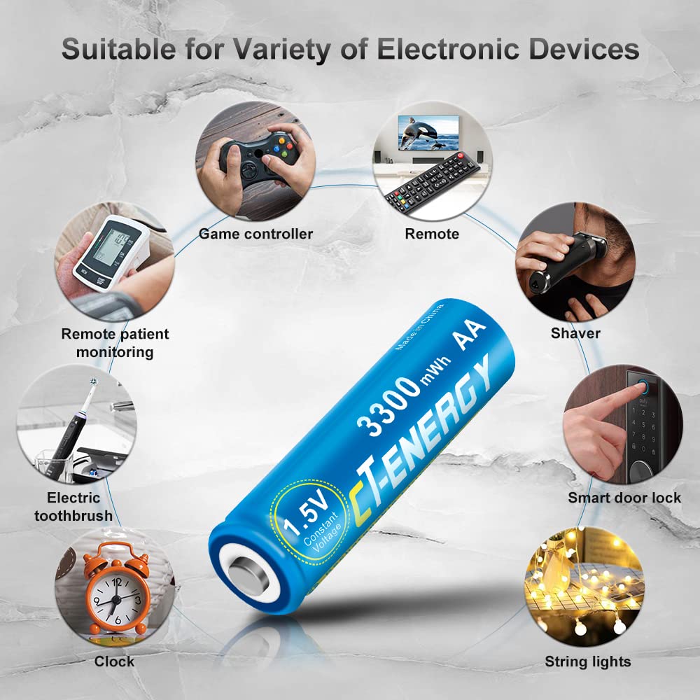 CT-ENERGY AA Lithium Batteries Rechargeable 4 Pack 3300mWh Double A 1.5V Battery for Blink Camera
