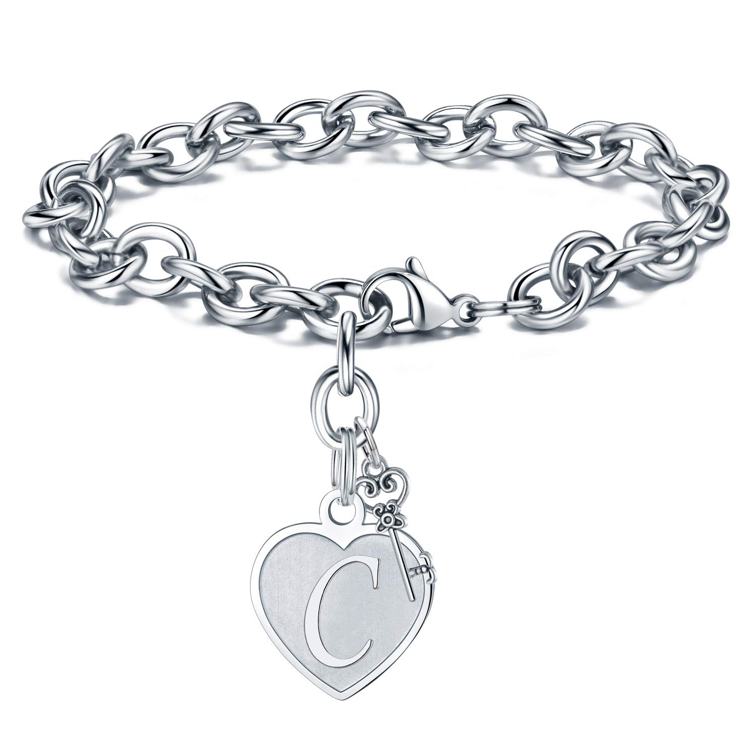 Bracelets for Women Heart Initial Charm - Engraved Letter C Initial Bracelet Heart Charm Stainless Steel Dainty 26 Letters Alphabet Bracelet Adjustable Birthday Jewelry Gifts for Women Teen Girls
