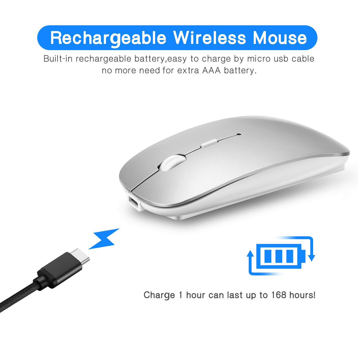 QIJIAYI Bluetooth Ergonomic Mouse for Mac,Rechargeable Wireless Bluetooth Mouse,2.4G Wireless Mice 4 Button and 3 Adjustable DPI for Laptop/Computer/Windows (Silver)