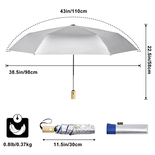 G4Free UPF 50+ UV Protection Travel Umbrella with Wooden Handle, 42 Inch Lightweight Sun Rain Folding Umbrellas Auto Open Close (Blue)