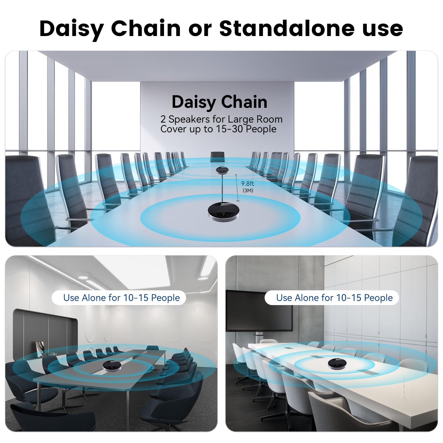 TONGVEO Bluetooth Speakerphones Conference Microphone,2 in 1 Daisy Chain Conference Speakers with Microphone,360° Voice Pickup Noise Reduction 8 Hour Call Time for up to 20 Attendees Meeting