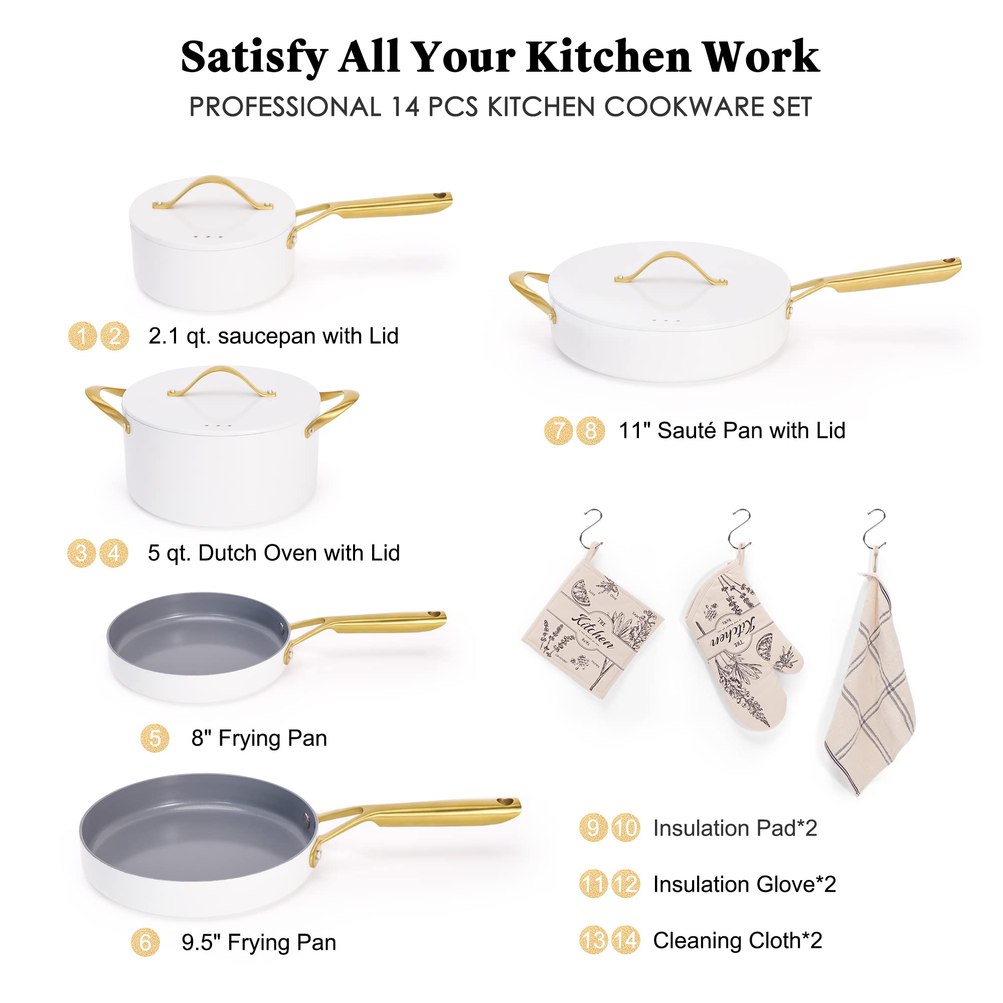 Ceramic Pots and Pans Set - VONIKI Nonstick Cookware Sets Non Toxic Cookware Set, Induction Cookware With Dutch Oven, Frying Pan, Saucepan, Sauté Pan, White Gold Pots and Pans for Cooking Set Gift