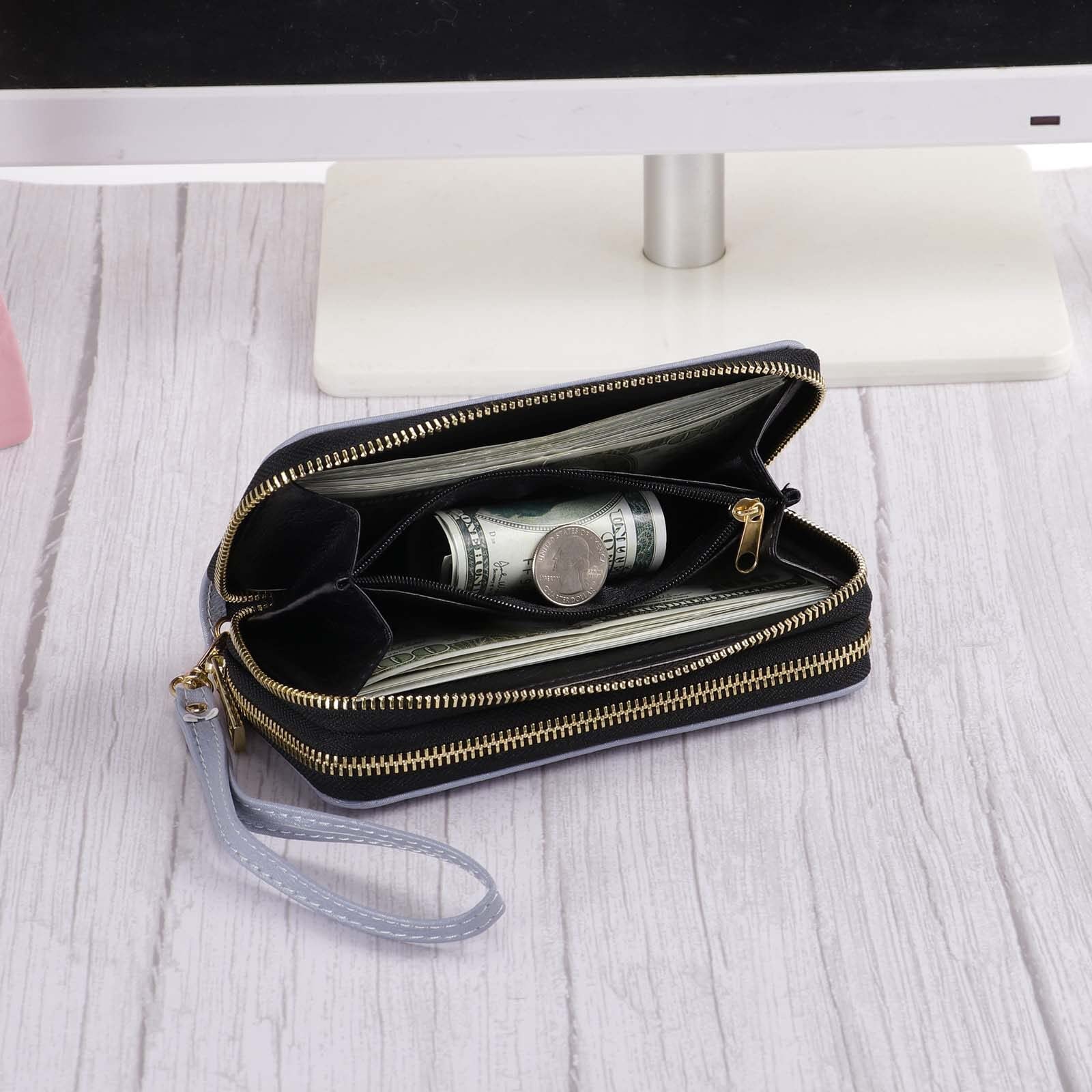 Kamo Womens Wallet Zip Around Phone Wallet Wristlet Travel Long Purse for Women Lady 6.9×3.5(Double Zipper)