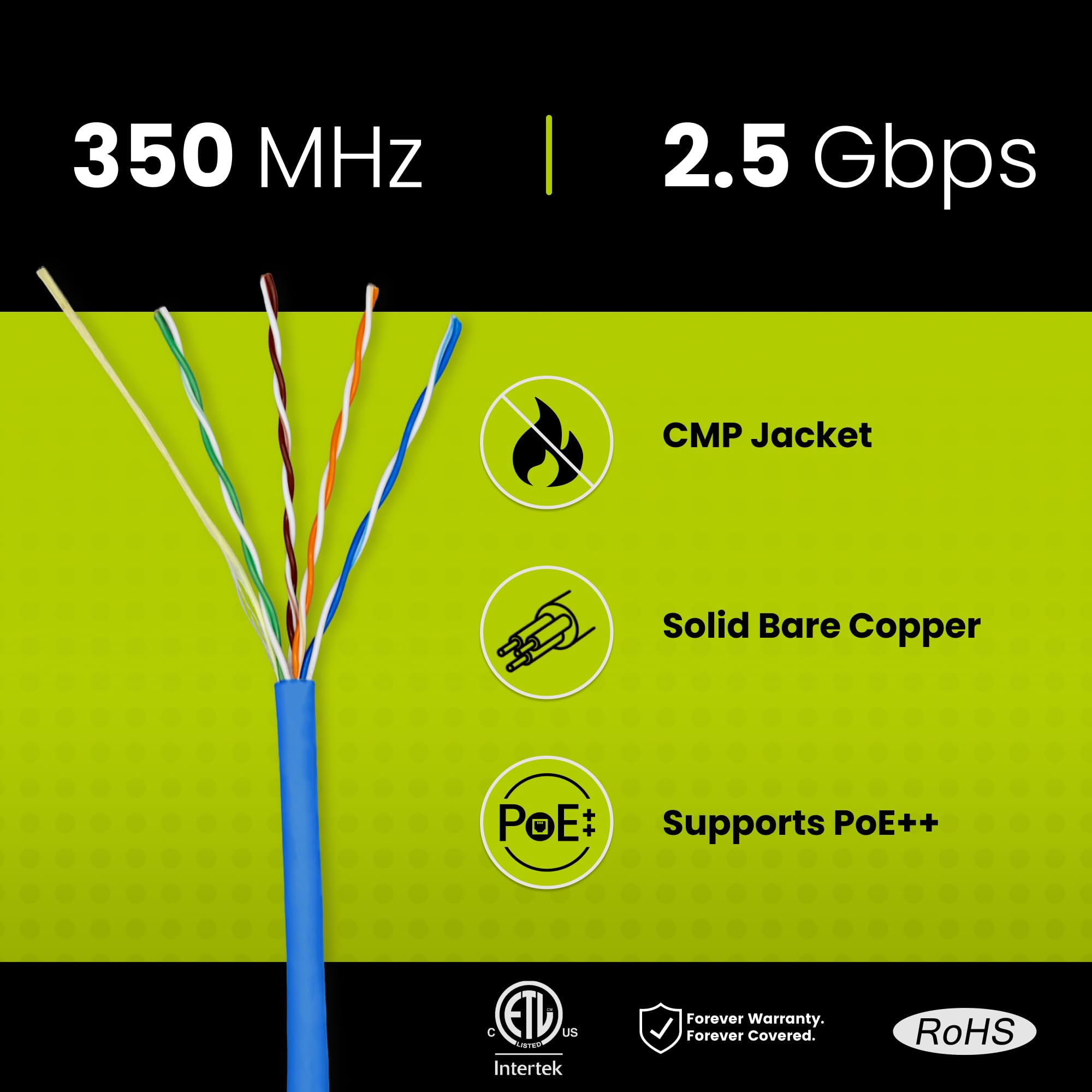 trueCABLE Cat5e Plenum (CMP), 1000ft, Blue, 24AWG 4 Pair Solid Bare Copper, 350MHz, PoE++ (4PPoE), ETL Listed, Unshielded Twisted Pair (UTP), Bulk Ethernet Cable