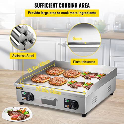 VEVOR Commercial Electric Griddle, 26" Teppanyaki Grill, 3200W Electric Flat Top Grill, Stainless Steel Electric Countertop Griddle w/Drip Hole, 50-300℃ Electric Griddle for Pancake, Chicken(No Plug)