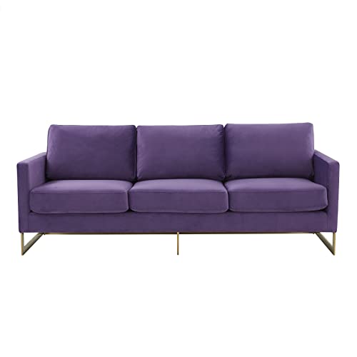 LeisureMod Lincoln Modern Mid-Century Upholstered Velvet 83" Sofa with Gold Frame, Purple