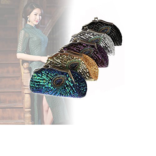 BAGLAMOR Women Full Shining Sequins Handbag Beaded Peacock Embroidery Clutch Purse Evening Bag